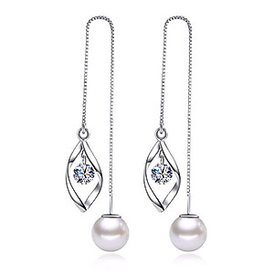Elegant 925 Sterling Silver Threader Tassel Earrings Pearl Ball Drop Long Chain Earrings Wedding for Women and Girls