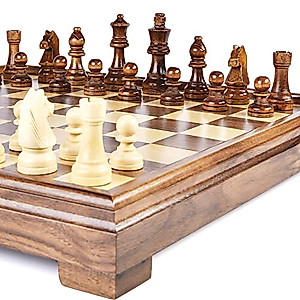 OUMODA Luxury Magnetic Wooden Chess Game Set - 15" Walnut Chess Board with Stylish Chess Pieces - 2 Extra Queens, Strap-Style Elastic Rope Storage, High End Gift, Birthday Housewarming Retirement