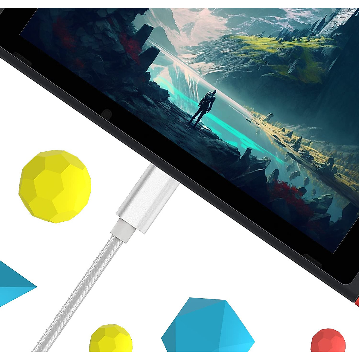 TALK WORKS Nintendo Switch Charger USB C Braided Nylon Cable Accessory - Extra Long 6' Flexible Charging Cord For Switch Lite / OLED (Silver)