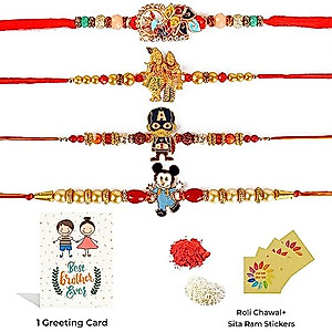 SATVIK Set of 5 Rakhi Family Combo 2 Bhaiya +1 Bhabhi Lumba + 2 rakhi for Brother Bhaiya Bhabhi Traditional Handmade Assorted Designer Rakhi Set Roli Chawal, Greeting Card & Sita-Ram Sticker