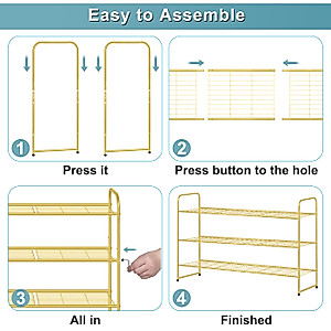 AOODA Long 3 Tier Metal Shoe Rack for Closet Wide Stackable Shoe Storage Organizer for Entryway, Bedroom, Floor, 24-Pairs Men Sneakers Shoe Shelf with Wire Grid, Golden