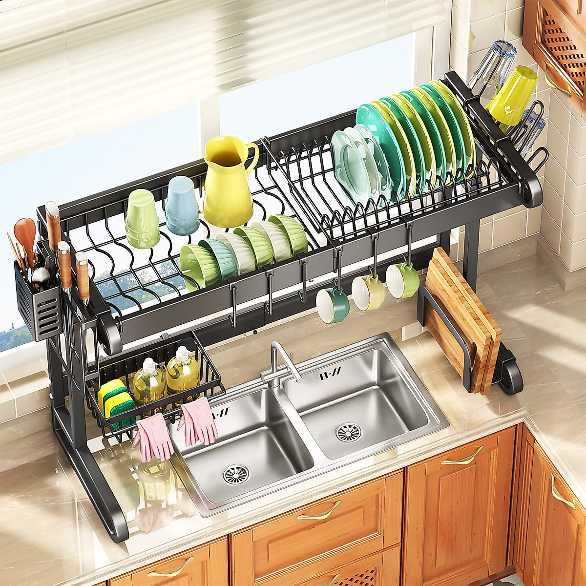 Over The Sink Dish Drying Rack, 2 Tier Adjustable Length (18.9" to 33.5") Sturdy Kitchen Counter Dish Rack Organizer, Black