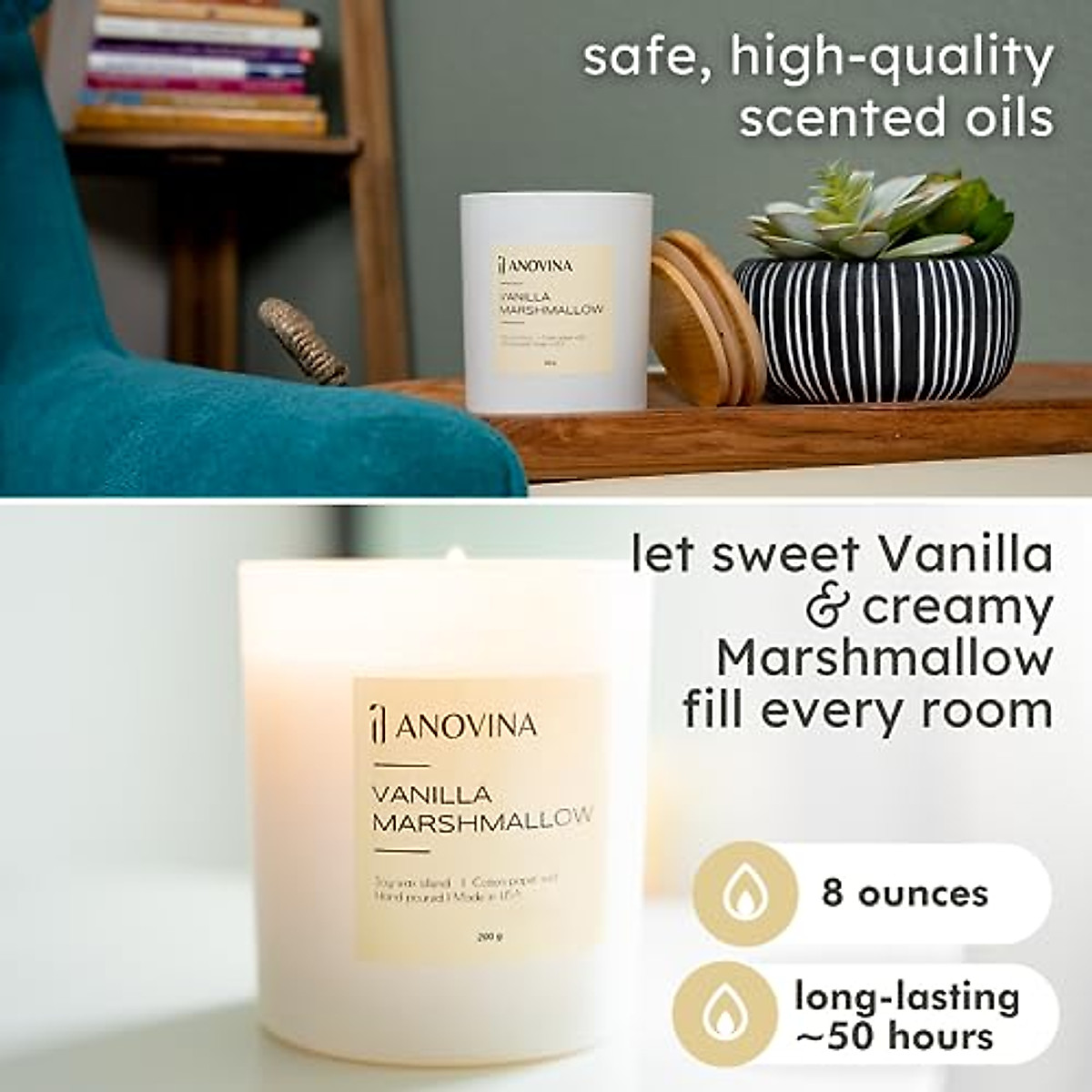 Anovina Vanilla Scented Candle – Hand-Poured in USA, Bamboo Lid & Elegant Gift Box. Candles for Home & Scented Candle Gifts for Someone You Love – A Perfect Valentine's Gift!