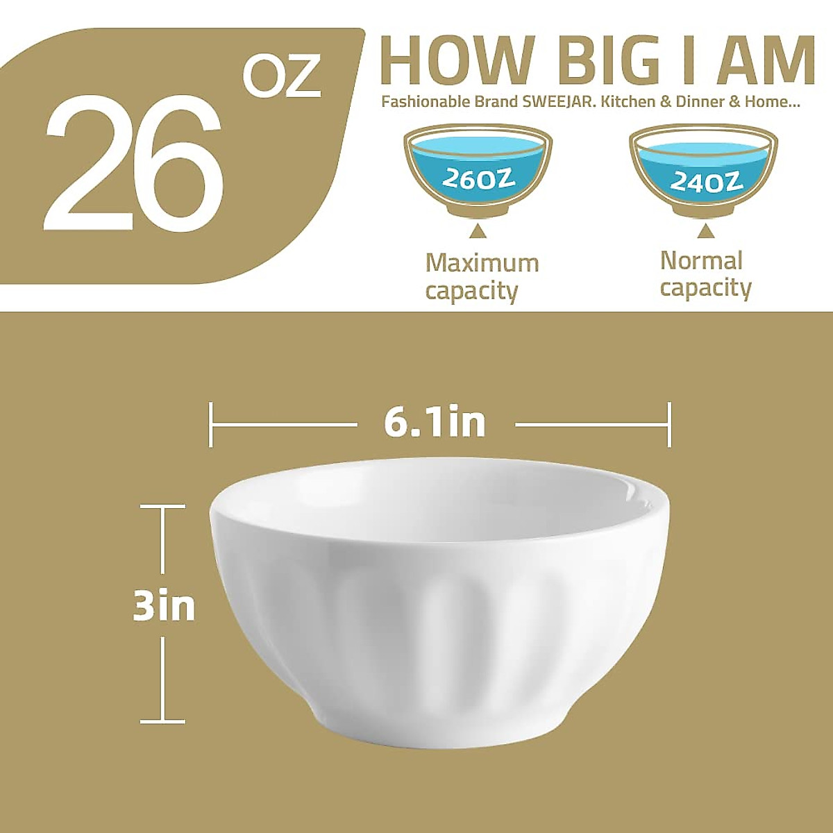 Sweejar Ceramic Fluted Bowls, Soup Bowls Set, 26 OZ for Cereal, Fruit, Salad, Pasta, Dishwasher & Microwave Safe - Set of 4 (Turquoise)