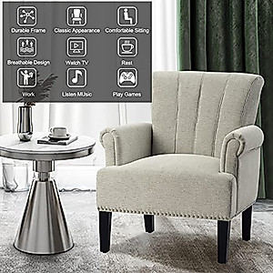 SSLine Upholstered Polyester Accent Chair,Mid Century Tufted Wingback Arm Chair with Roll Armrest and Wooden Legs,Comfy Single Sofa Club Chair for Living Room Bedroom Office Studio (Cream)