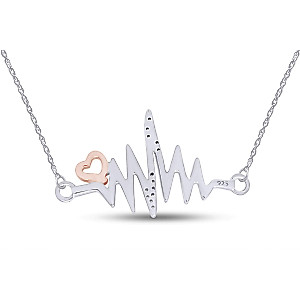 Wishrocks Round Cut Diamond Accent Heartbeat with Heart Necklace Jewelry For Women in 14K White Gold Over Sterling Silver Along With 18" Silver Chain