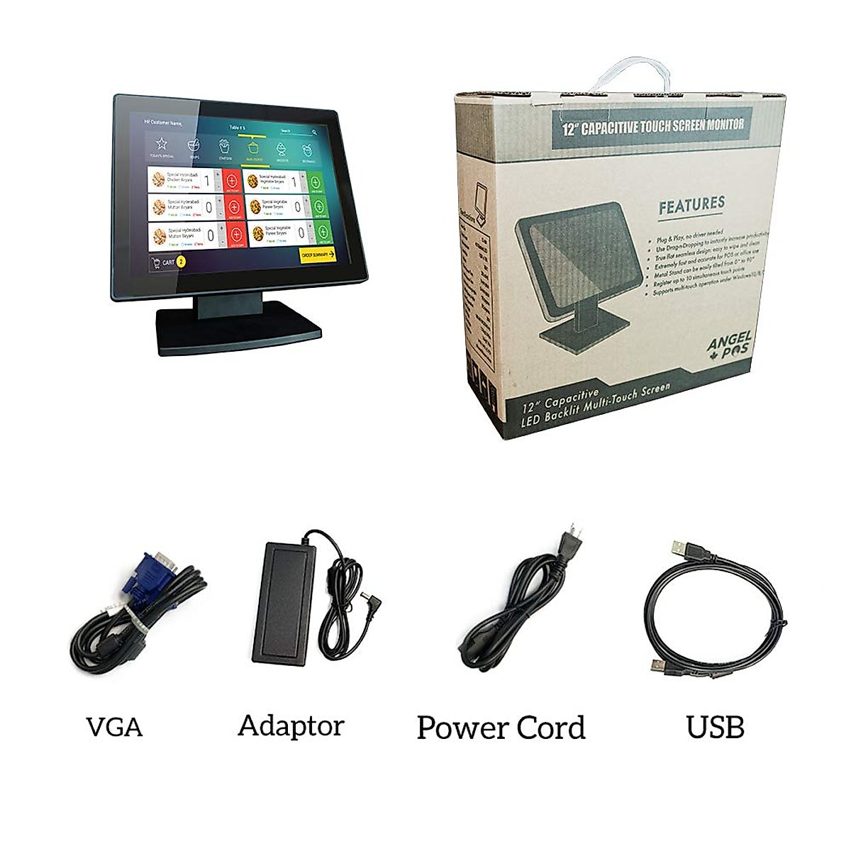 12-Inch Capacitive Multi-Touch POS TFT LED Touchscreen Monitor, True Flat Seamless Design with Adjustable POS Stand for Retail Restaurant, HDMI & VGA Inputs, High Resolution 1024 x 768