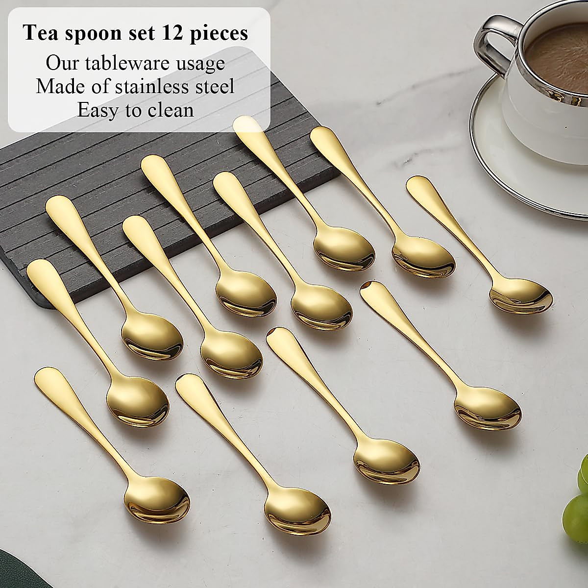 Evanda 12 Pieces Gold Teaspoons, Gold Titanium Plating Stainless Steel 14cm Tea Spoon, Cutlery for Tea, Coffee, Cake, Dessert, Salad, Dishwasher Safe