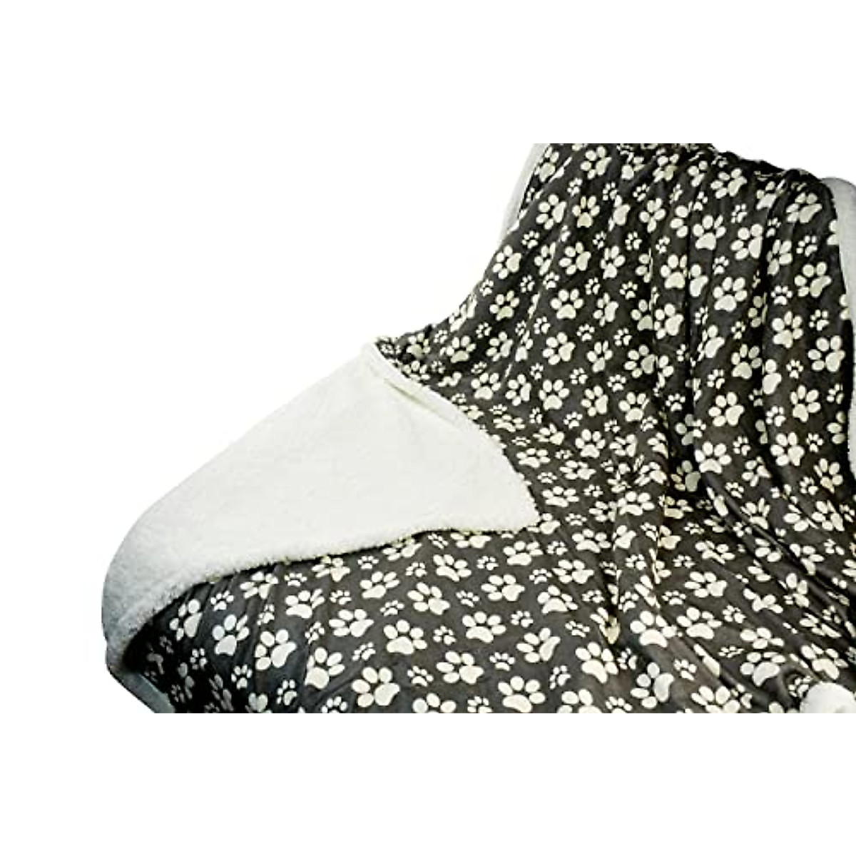 Longrich Flannel Paw Print & Ultra Soft Sherpa Throw Blanket, 50" W X 60" W, Grey with Brown Paw Print