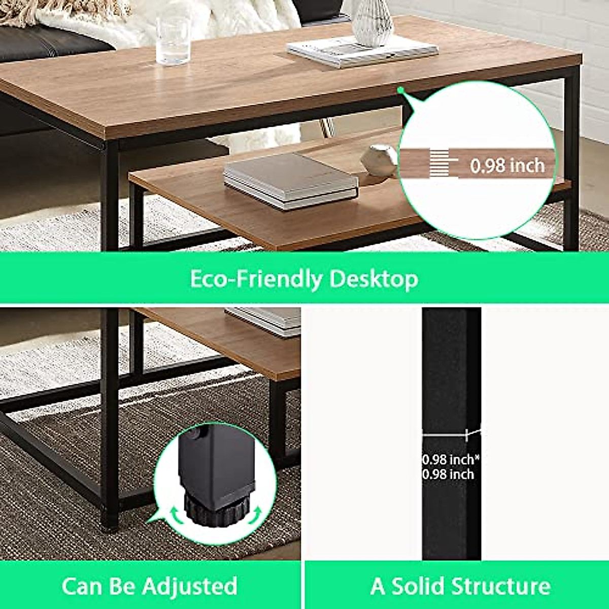 Coral Flower Metal Frame Coffee Table with Large Shelve Space, Light oak