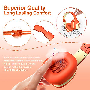 BERIBES Kids Headphones, [Vibrant Orange] Sharing Function HiFi Stereo Comfortable Fit Foldable Headphones for Kids with Microphone, Volume Limiter 85/94dB for School, Online Learning, Kindle, Plane