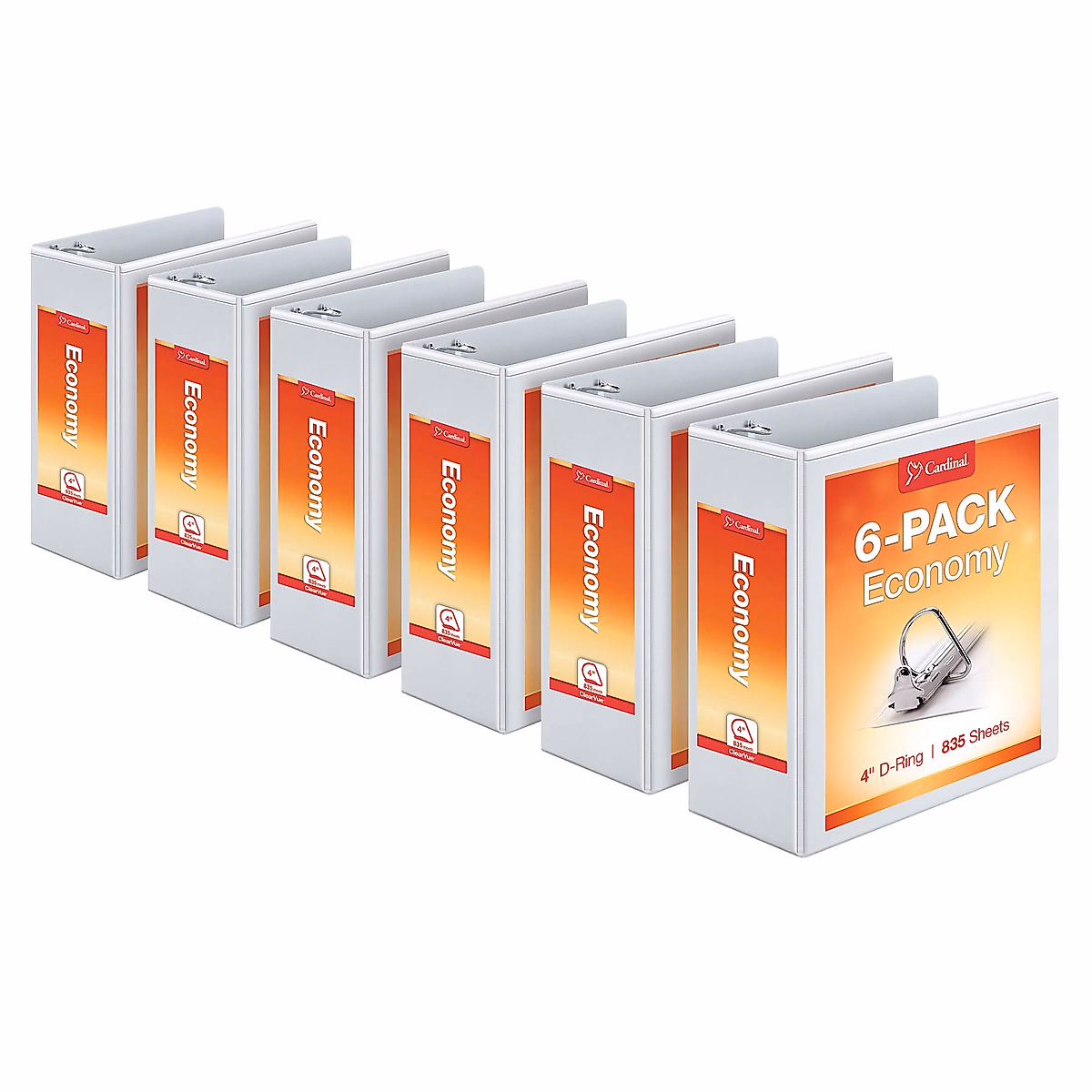 Cardinal Economy 3-Ring Binders, 4", Slant-D Rings, Holds 835 Sheets, ClearVue Presentation View, Non-Stick, White, Case of 6 (90781)