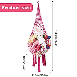 Stuffed Animal Net or Hammock Handmade Large Macrame Toy Display Hammock Organizer for Corners, Walls and Ceiling Hanging Plushie Net Toys Holder for Kids Room Boho Storage(Rose Red