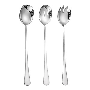 ARFUKA Salad Servers Salad Serving Sets Stainless Steel 11" Buffet Salad Spoon and Salad Fork Dishwasher Safe Large Metal Serving Utensils Silver, Set of 3