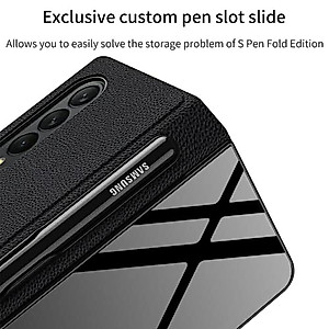 EAXER for Samsung Galaxy Z Fold 3 5G Case, Glass Material W/S Pen Slot Luxury Shockproof Anti-Slip Glossy Glass Flip Phone Case Cover (Checkerboard Brown)