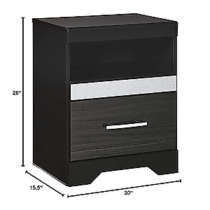 Signature Design by Ashley Starberry Glam 1 Drawer Nightstand with 2 Slim-Profile USB Charging Stations & Silvertone Glitter Accents, Black