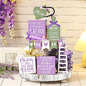 15 Pcs Mother's Day Tiered Tray Decor Happy Mother's Day Lavender Wood Signs Farmhouse Decorations Wooden Heart Bead Garland with LED String Lights for Mothers Gift Tabletop, Purple, Green