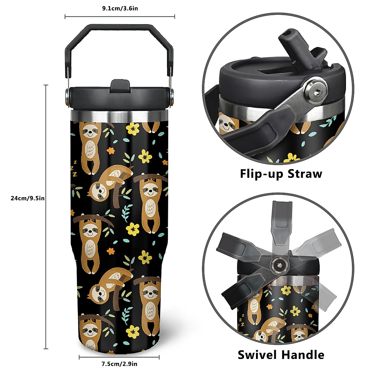 ysnifeiw 30oz Sloth Tumbler with Handle and Straw, Stainless Steel Insulated Sloth Cup with Top Handle and Lid, Sloth Coofee Mug Gifts for Women Men