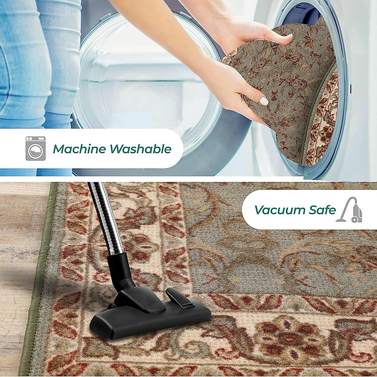 Superior Indoor Runner Rug, Jute Backed Rugs for Bedroom, Living/Dining Room, Office, Entryway, Hallway, Kitchen, Traditional Floral Scroll Floor Decor, Heritage Collection, Green, 2' x 11'