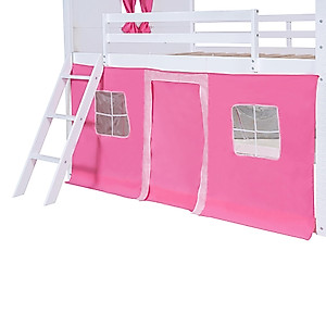 Merax Full Over Full Bunk Wood House Bed with Elegant Windows, Sills and Tent, Pink+White