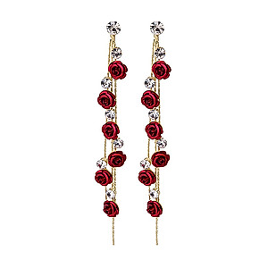 Just Follow 3D Rose Flower Crystal Long Tassel Drop Earrings for Women CZ Rhinestone Rose Fashion Purple Red Long Tassel Dangle Earrings Weddings Party Jewelry Accessories Gift (3D Rose Flower Crystal Tassel Earrings-Red)