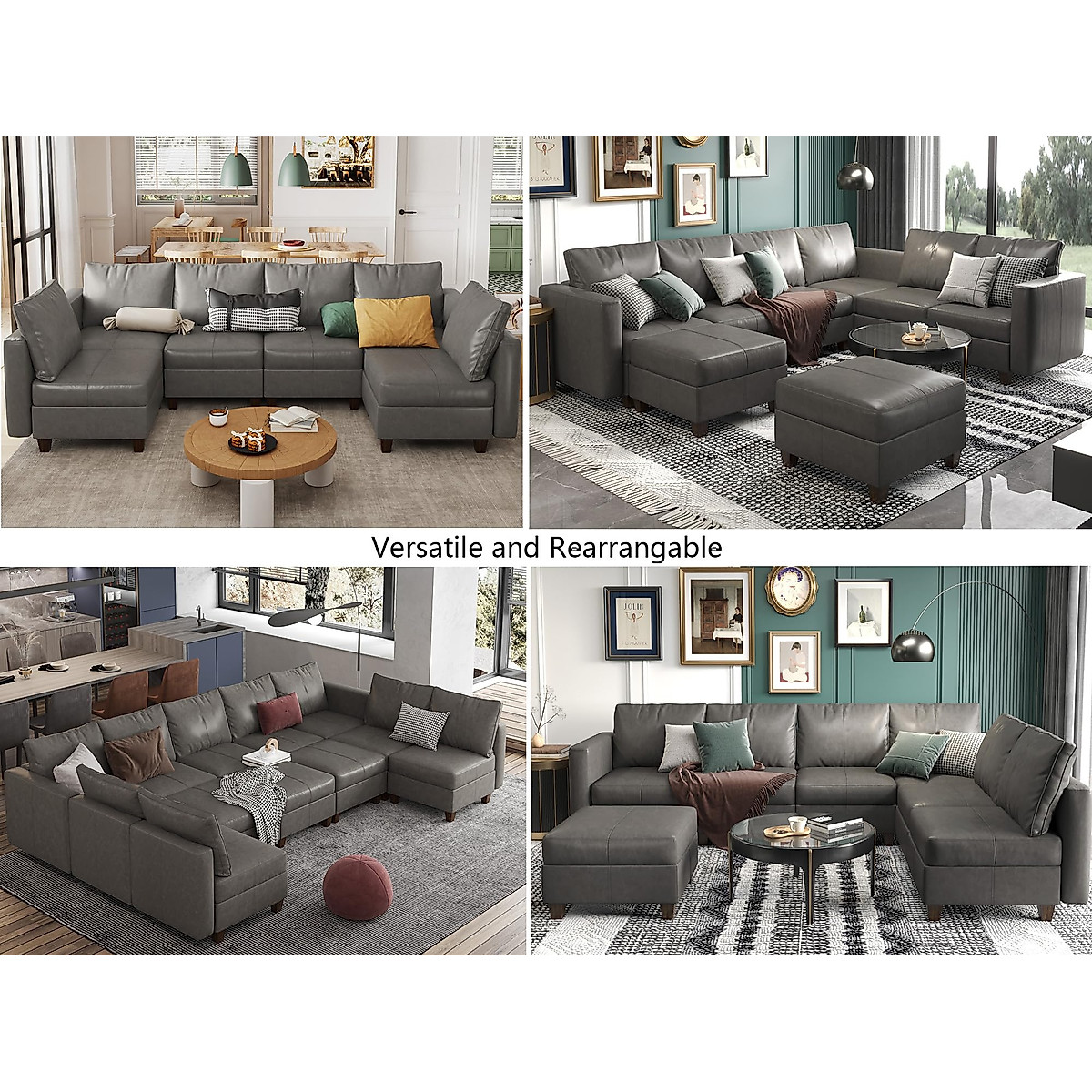 EASE MOOSE Convertible Modular Couch U Shaped Sofa with Storage Seat, Faux Leather Modular Sectional Sofa Oversized Sleeper Sofa with Reversible Chaises, Grey