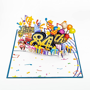 iGifts And Cards Happy 84th Blue Birthday 3D Pop Up Greeting Card – Awesome 84 Birthday Card For Man, Woman, Happy Eighty Four Birthday Gift For Dad, Mom, Husband, Wife Present, 5" X 7"