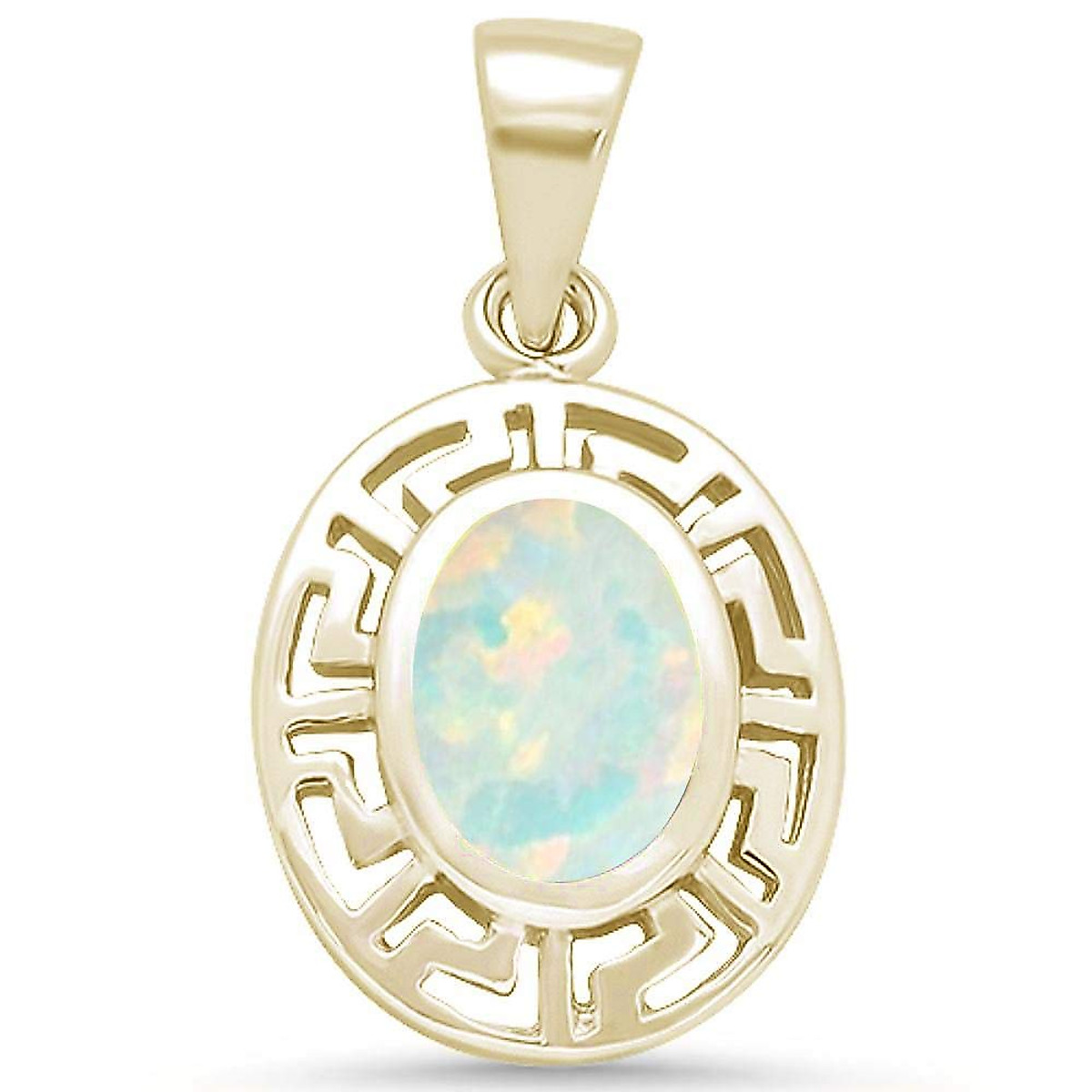 Oxford Diamond Co Sterling Silver Oval Lab Created Opal Greek Key Design Pendant Colors Available (Yellow Gold Plated White Opal)