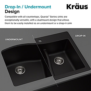 KRAUS KGD-442 Quarza 33-inch 33” Dual Mount 60/40 Double Bowl Granite Kitchen Sink in Black