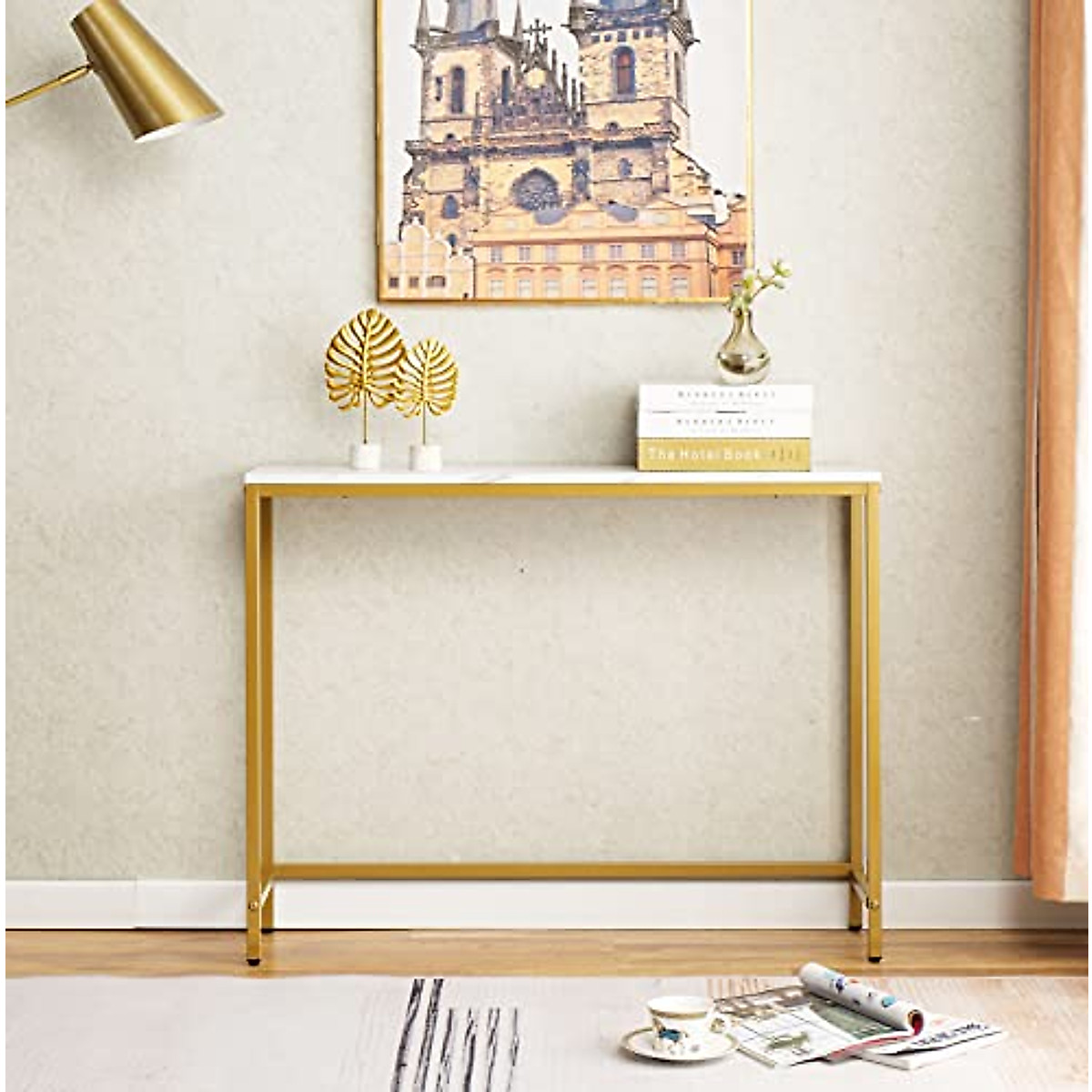loglus Console Table for Entryway, Faux Marble MDF Sofa Table with Golden Frame for Living Room Office