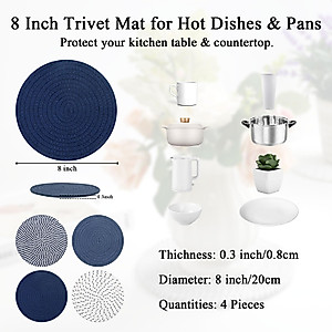 SHACOS 8 Inches Trivets for Hot Dishes, 4 Pieces Cotton Trivets Mats for Kitchen, Hot Pads for Countertops and Table, Heat-Resistant Pot Holders for Hot Pots and Pans(Blue, 4pcs)