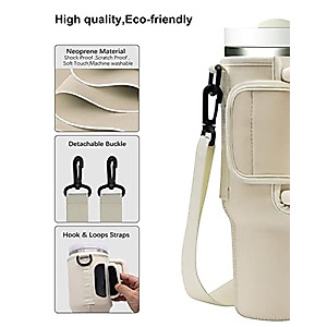 Aiscool Water Bottle Carrier Bag Holder for Stanley Quencher H2.0 Tumbler 40 Oz Cream, Neoprene Water Bottle Sling Bag Sleeve Holder Carrier with Adjustable Shoulder Strap & Straw Covers