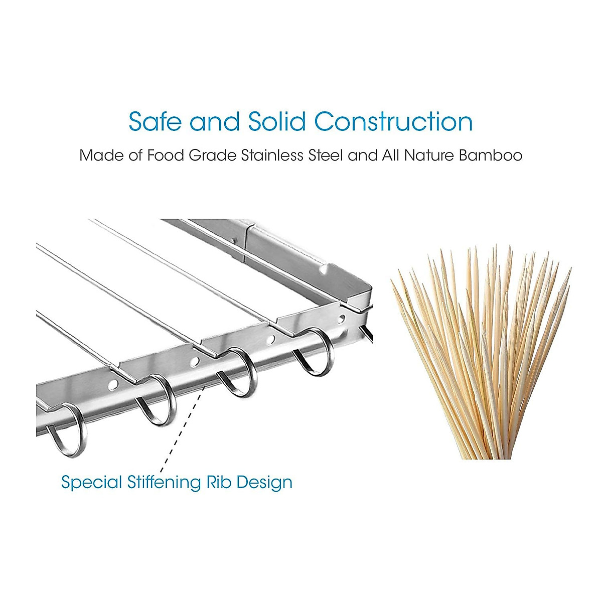 UNICOOK Heavy Duty Stainless Steel Barbecue Skewer Shish Kabob Set, 6pcs 13"L Skewer and Foldable Grill Rack Set, Durable and Reusable, Bonus of 50pcs 12.5"L Bamboo Skewers for Party and Cookout