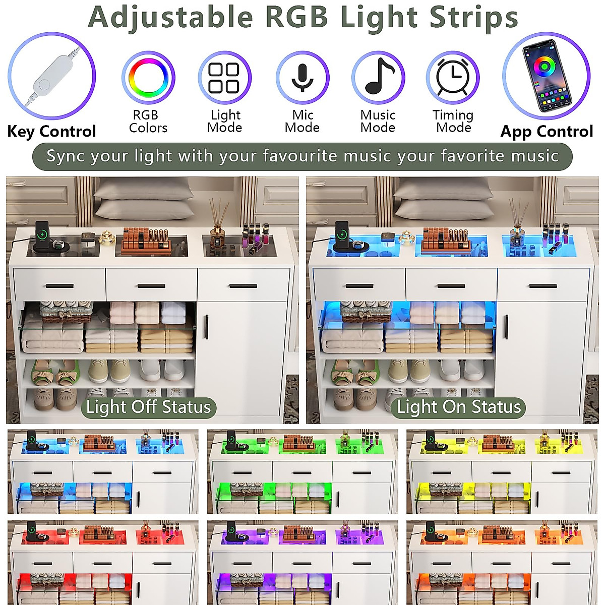 Wardrobe Armoire Closet with Charging & LED Light,Walk-in Closet Island Dresser with Glass Showcase,3 Drawers & Doors, Modern Storage Display Cabinet with Bench for Bedroom,Fitting Room & Shops（White）