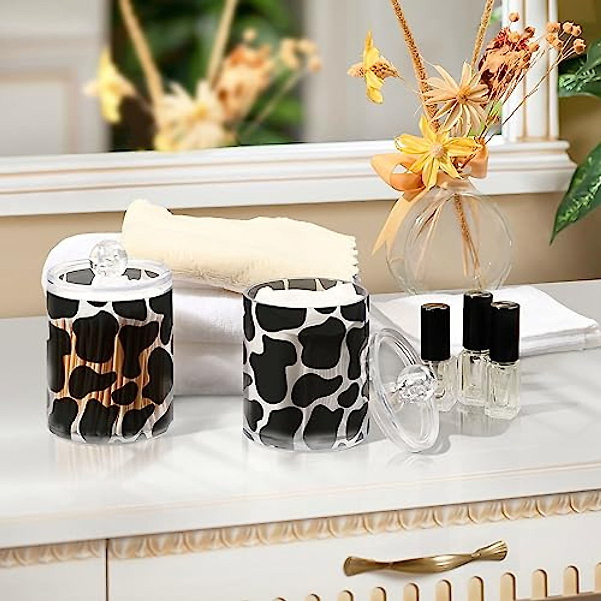 Sletend 2 Pack Plastic Qtips Holder Cow Print Bathroom Organizer Canisters for Cotton Balls/Swabs/Pads/Floss,Plastic Apothecary Jars for Vanity