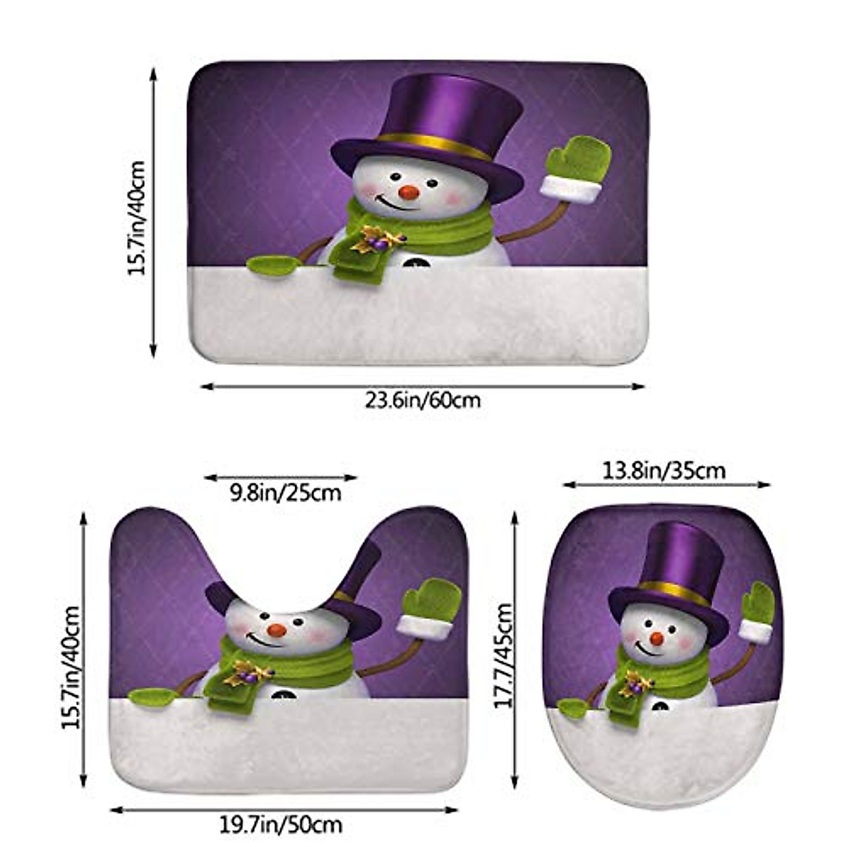 HOSNYE Snowman Bathroom Rugs and Mats Sets 3 Piece New Year Christmas Winter Funny Snowman Purple Top Hat Greeting Hello Bath Mat U-Shaped Contour Shower Mat Toilet Lid Cover