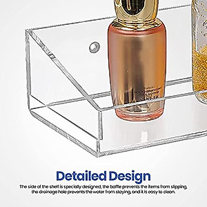 2 Pack Acrylic Bathroom Shelf with Hooks Clear Shower Shelf Wall Mounted No Drilling Thick Clear Storage Transparent Wall Mounted Display Shelving No Drilling Thick Storage Display Shelves15L*4W*2H