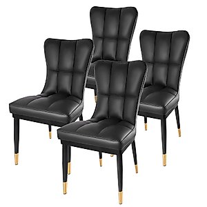 Bekrvio Set of 4 Leather Dining Room Chairs, Light Luxury Modern Kitchen Chairs with Waffle Stitch High Back, Upholstered Side Chair Solid Metal Legs for Kitchen Living Room, Dinning Room (Black)