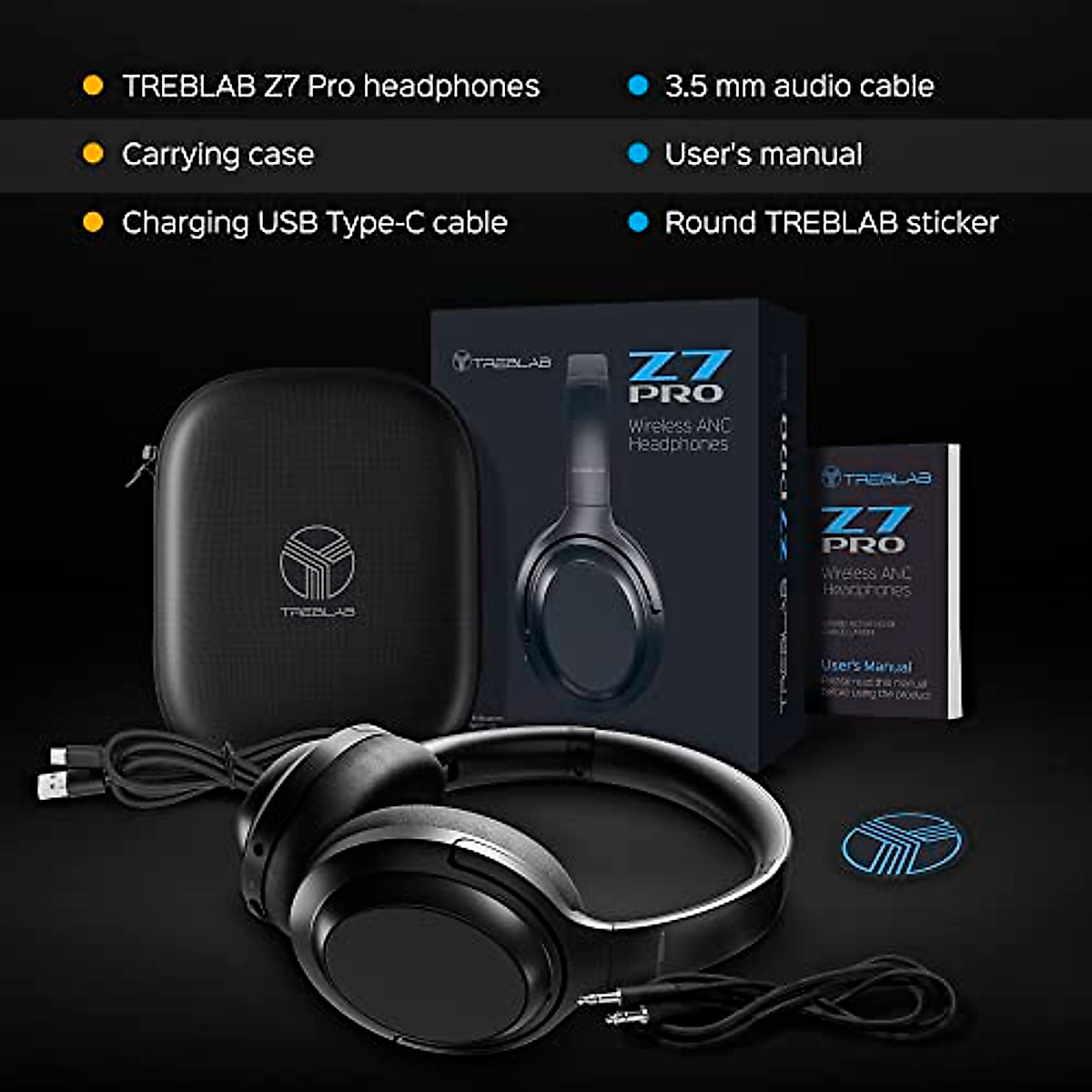 TREBLAB Z7 PRO - Hybrid Active Noise Canceling Headphones with Mic - 45H Playtime & USB-C Fast Charging, ANC Wireless Over Ear Bluetooth Headphones w/aptX, Stereo Sound, Touch Control (Grey) (Renewed)