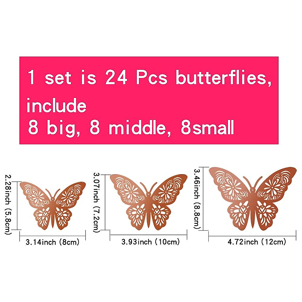 24 Pcs Butterfly Wall Stickers,Butterfly Wall Decor,Butterfly Wall Decals,Butterfly Stickers for Butterfly Party Decorations,Butterfly Birthday Decorations,Butterfly Cake Decorations(Rose Gold)