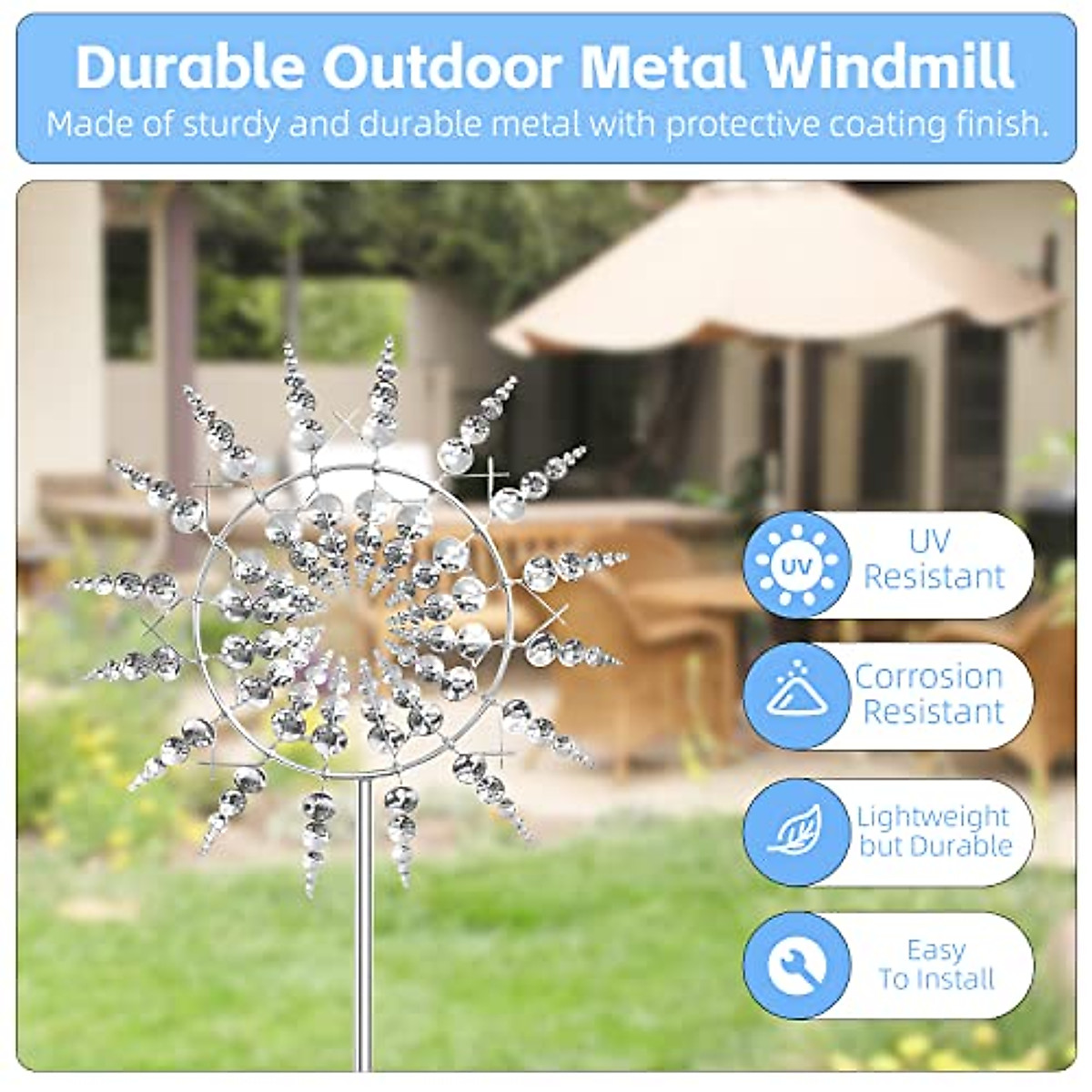 3D Wind Powered Kinetic Sculpture,Unique and Magical Metal Windmill,Wind Sculptures,Metal Wind Spinner Solar, Lawn Wind Spinners for Yard/Garden Decoration,Spring Easter Decorations (Silver)