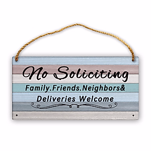 Harooni Funny No Soliciting Sign for House 12 x 6 Inches Welcome Sign for Front Door No Soliciting Family Friends Neighbors & Deliveries Hanging Wooden Sign for Home Porch Yard House Warming