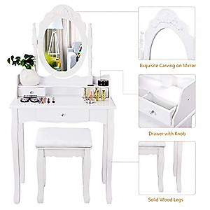 SPSUPE Click Image to Open expanded View Vanity Set with Oval 360° Rotating Mirror, Makeup with3 Storage Drawers, Painted Finish,Removable Top, Wooden Dressing Table, White