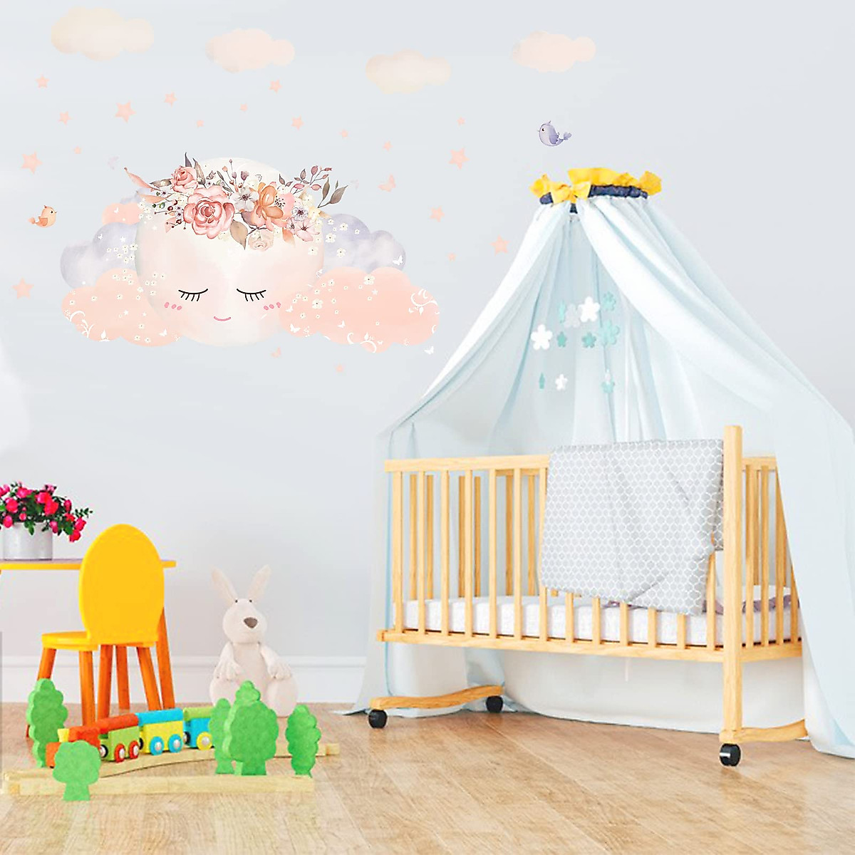 Smiling Moon Cloud Wall Decals Stickers, ULENDIS Removable Flying Birds Stars Wall Stickers, Peel and Stick Pink Clouds with Wreath Wall Art Decor for Home Dorm Party Nursery