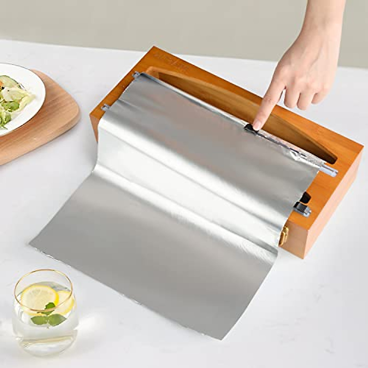 Besititli Foil and Plastic Wrap Organizer with Cutter, 2 in 1 Wrap Dispenser, Bamboo Foil Organizer for Drawer, Aluminum Foil Dispenser, Plastic Wrap Dispenser for Kitchen Organization and Storage