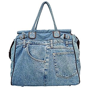 Bijoux De Ja X-Large Blue Denim Double Top Handle Tote Shopper Handbag Purse for women