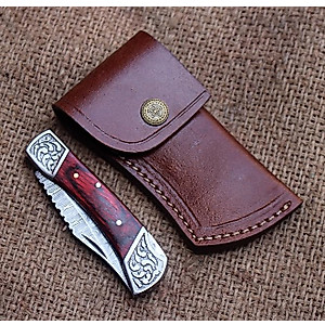 Nesmo-511 Damascus Steel Pocket Knife for Men - Handmade Folding Hunting Knives with Leather Pouch - Best Knife for Camping Hunting Hiking (Red Pakka Wood Handle)