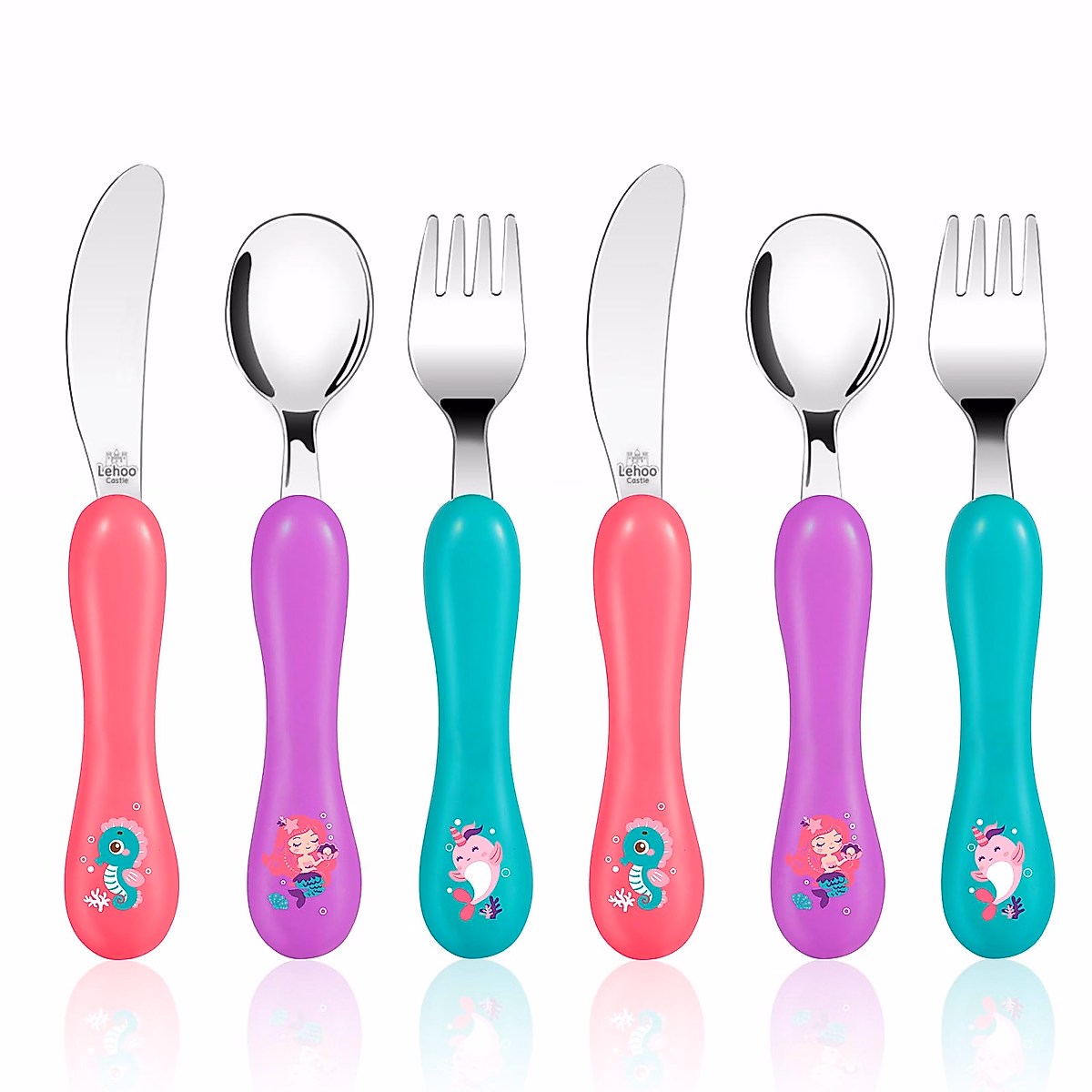Lehoo Castle Toddler Utensils Kids Silverware, 6pcs Safety Stainless Steel Toddler Fork Spoon Knife Set, Children Flatware Set, Safety Utensils for Toddler and Children (Purple)