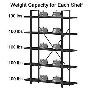 HSH Industrial Wood and Metal 5 Tier Bookshelf, Large Tall Open Rustic Wide Etagere Bookcase, Vintage Farmhouse Modern Wooden Big Book Shelf for Home Living Room Bedroom Office Storage, Rustic Oak