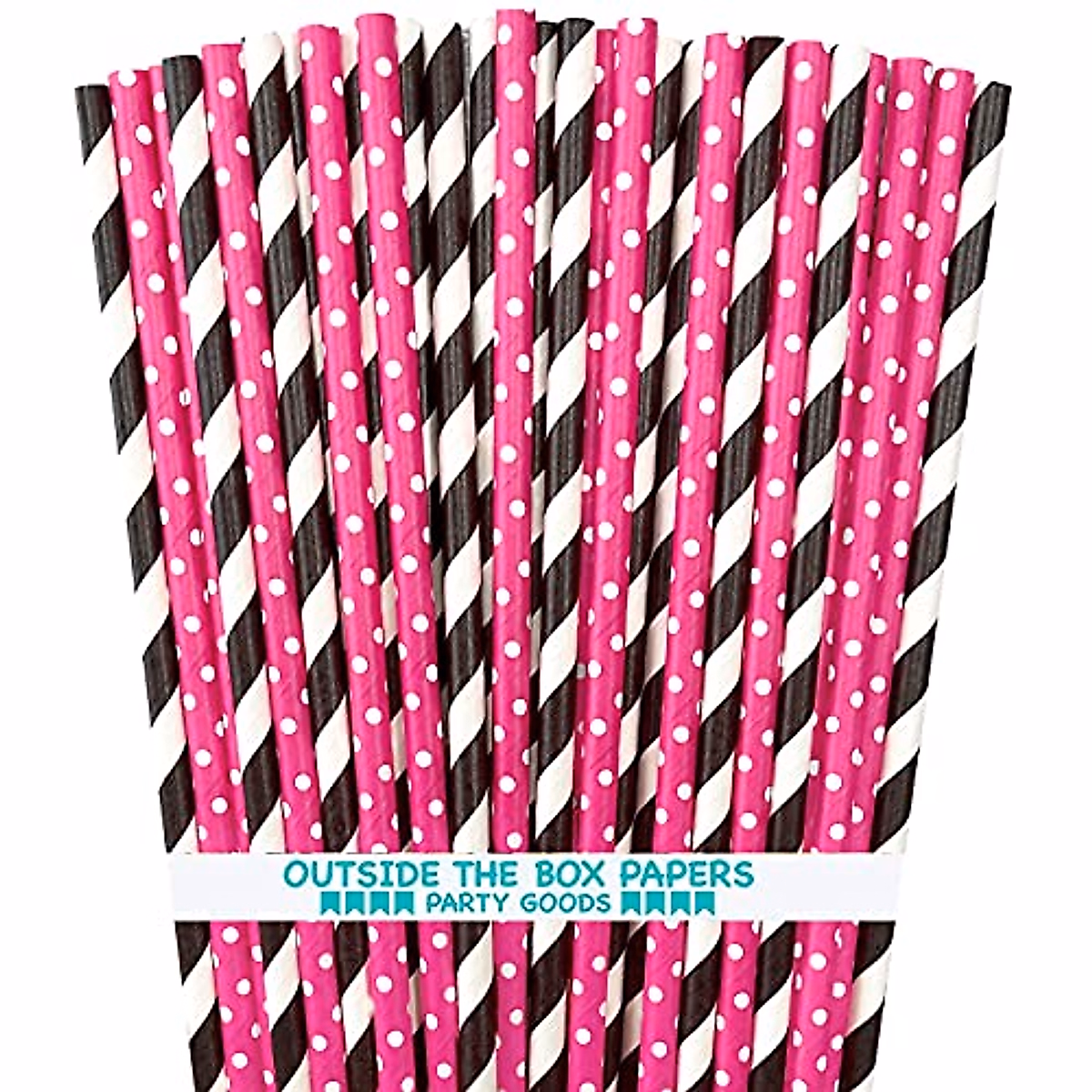 Outside the Box Papers Diva Theme Stripe and Polka Dot Paper Straws 7.75 Inches 100 Pack Hot Pink, Black, White